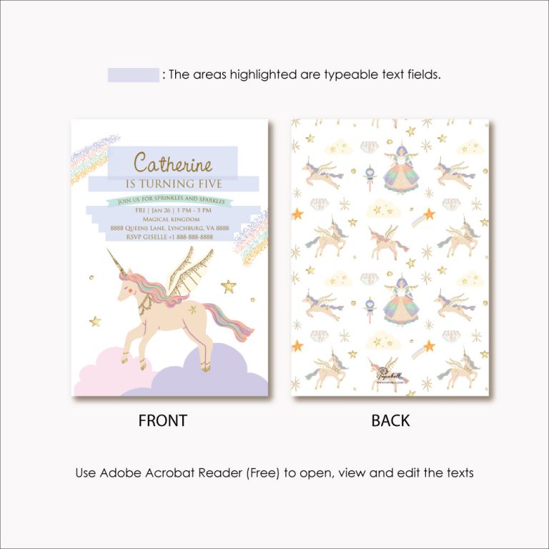 Popobell Studio | Unicorn Princess Invitation Printable | Editable